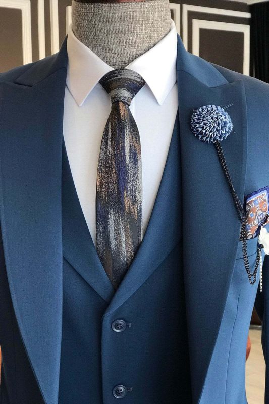 Navy Blue Lapel Collar Single Breasted Men Three Piece Suit | Flat ...