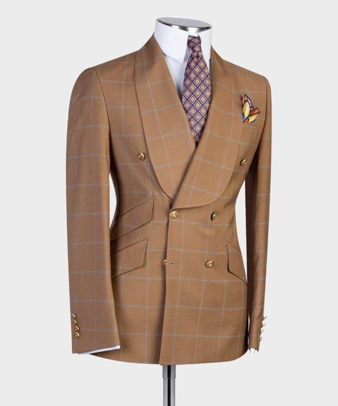 Shawl Lapel Check Double Breasted Men Suit | Bradymensuit