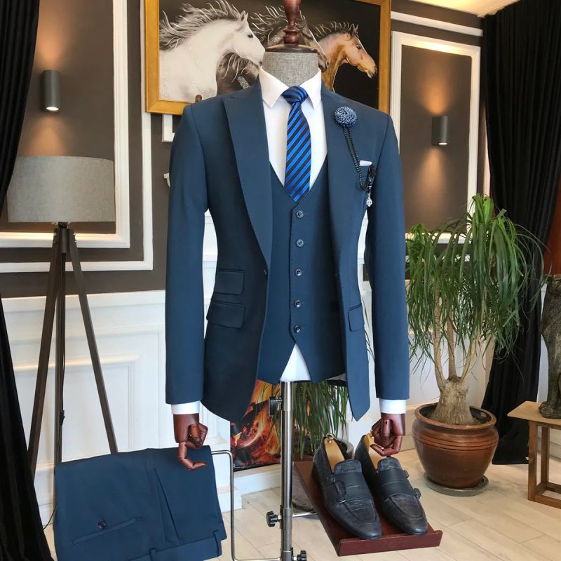 Navy Blue Lapel One Button Upper Lower Double Pocket Men Three Piece ...