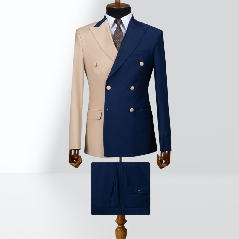 Champagne And Navy Blue Double Breasted Peak Collar Slim Mens Two Piece ...