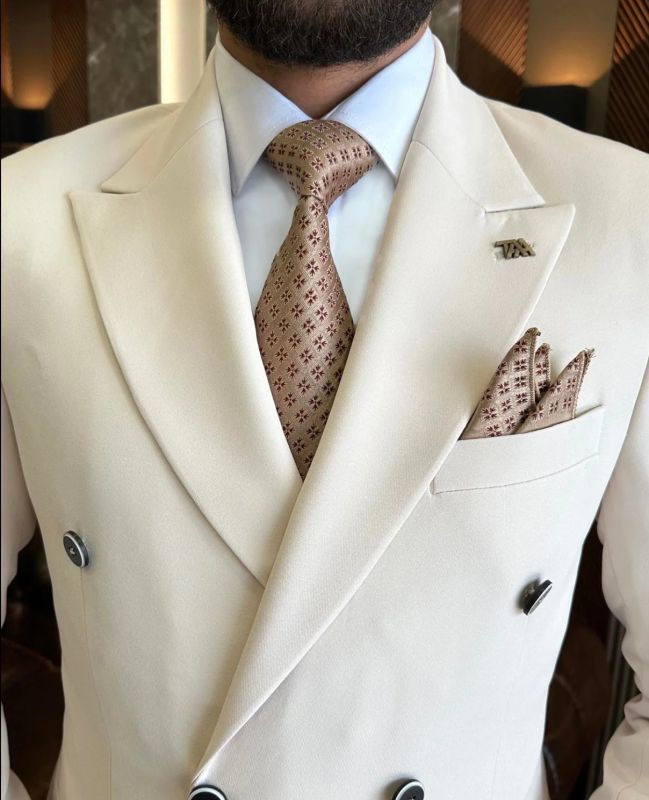 Italian Simple Ivory Pointed Collar Double Breasted Two Piece Slim Fit ...