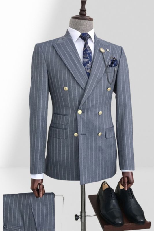 Elegant Grey Striped Peak Collar Double Breasted Men Business Suits ...