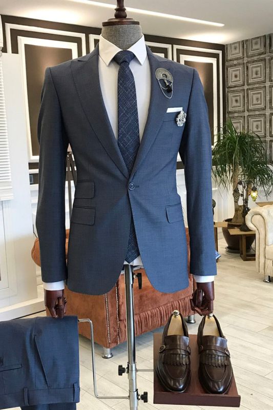 Modern Navy Blue Pointed Lapel Slim Fit Mens Business Suit | Bradymensuit