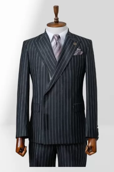Custom Black Striped Mens Two Piece Peak Lapel Double Vent Suit ...